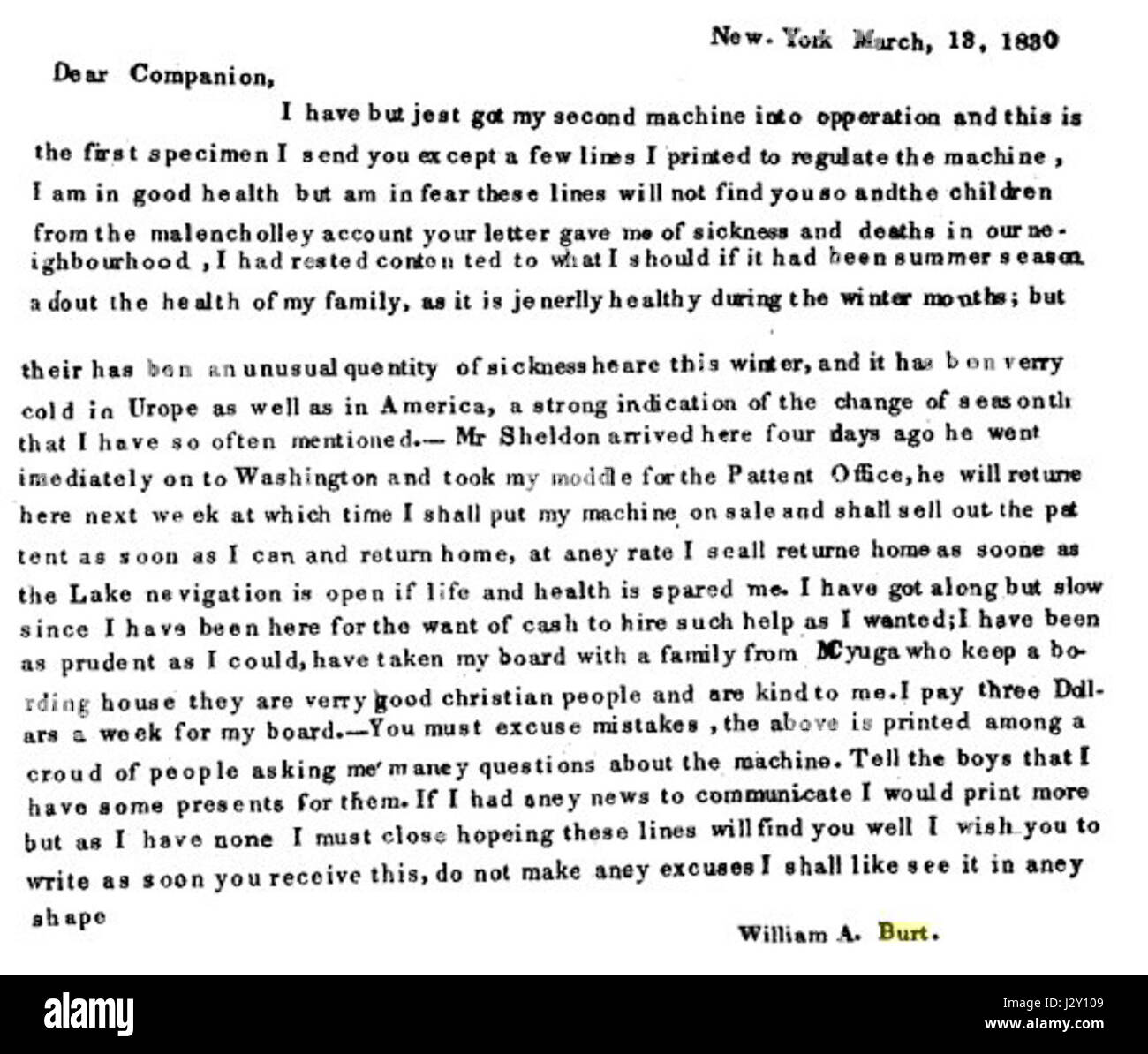 The Burt typographer letter from 1830 is a significant example of early ...