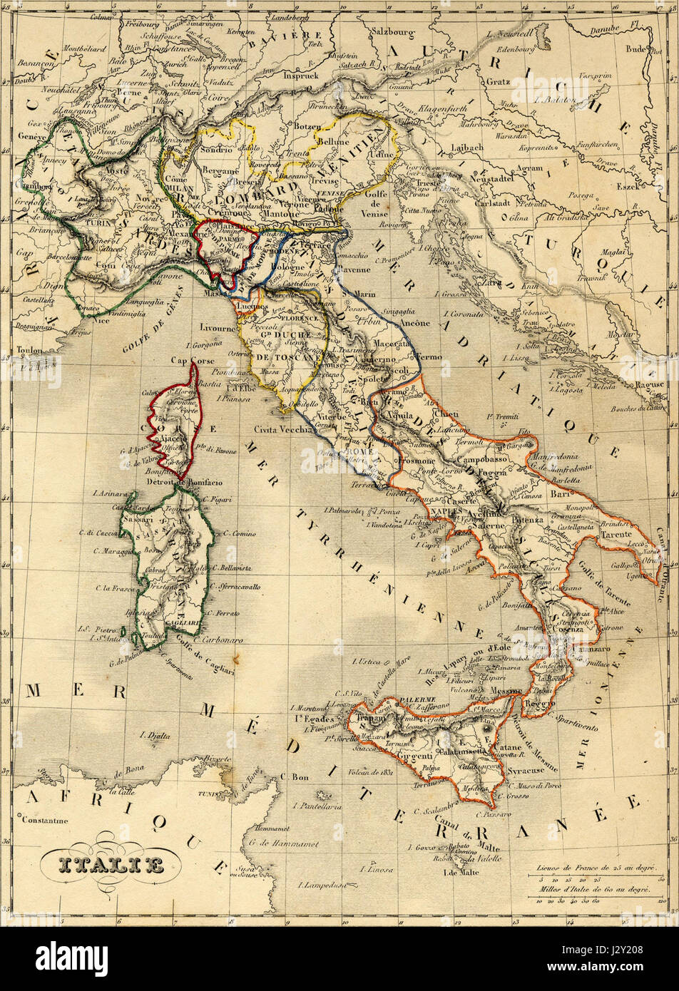 This historical map, titled 'Carte Italie 1843,' illustrates the ...
