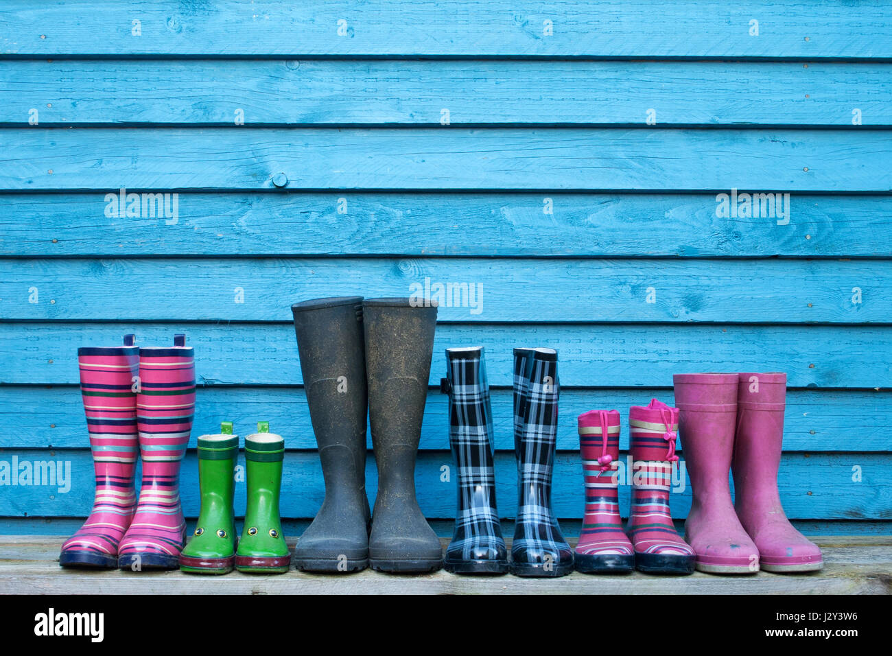 Many colorful rubber boots in front of a blue wooden wall Stock Photo ...