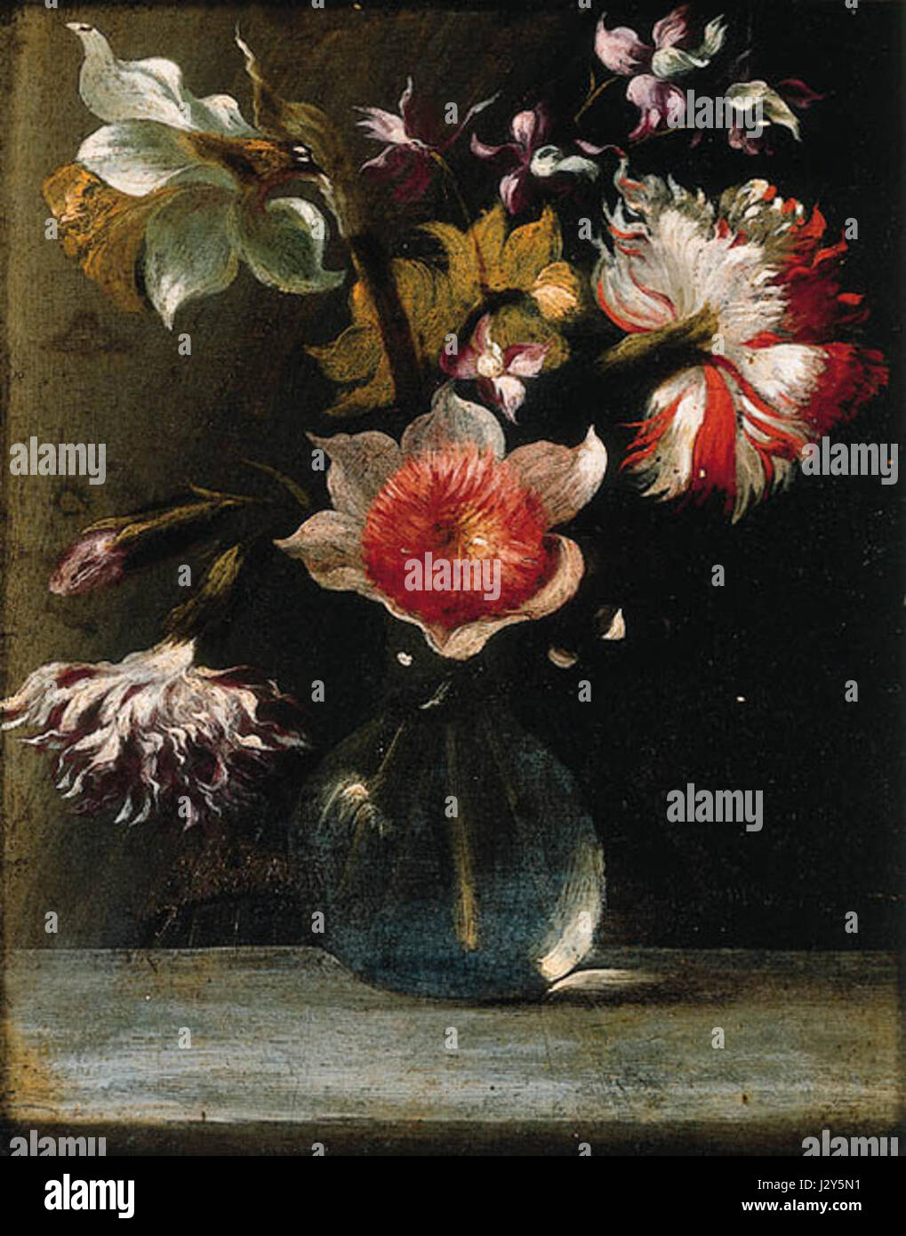 A still life painting by Giacomo Recco, depicting assorted flowers ...