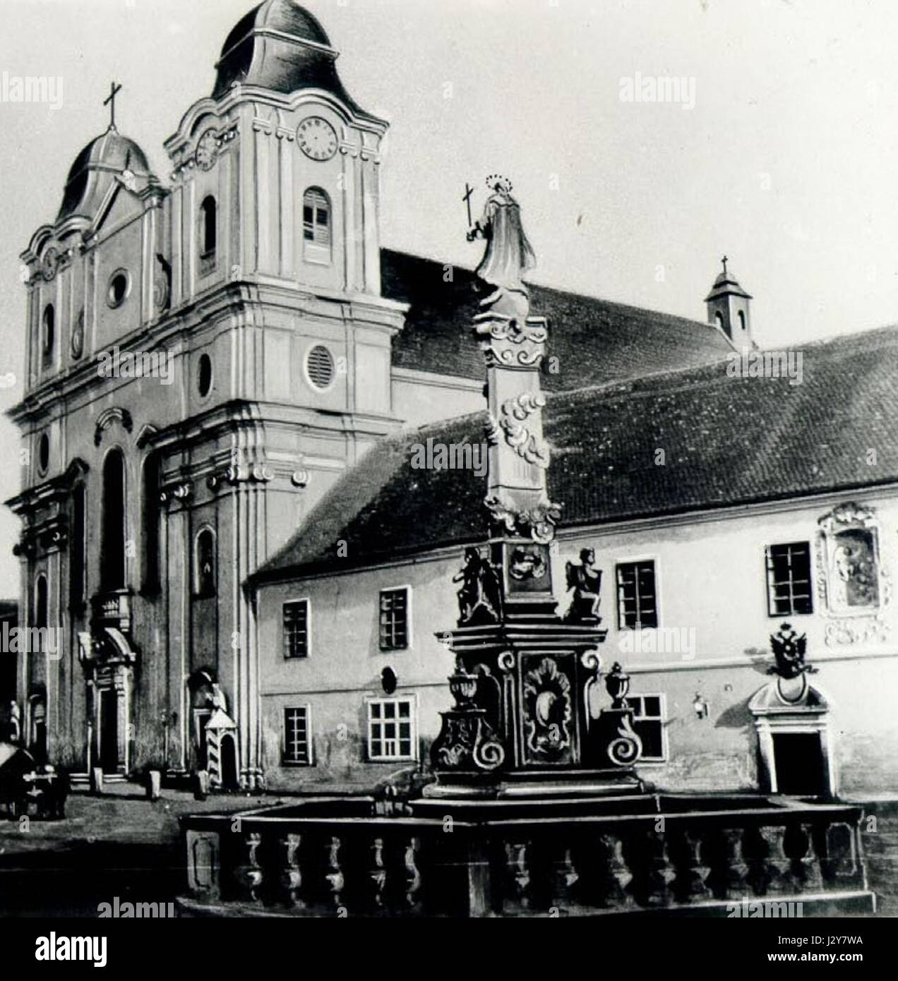 The Piarist Church and the Statue of the Virgin Mary, as seen in 1859 ...