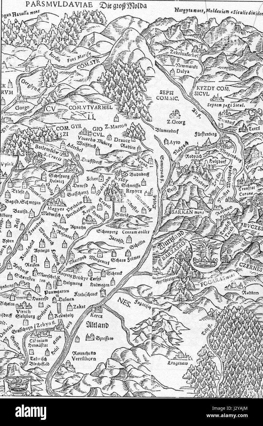 A historical map titled 'Burzenland' by Wolfgang Lazius, created ...