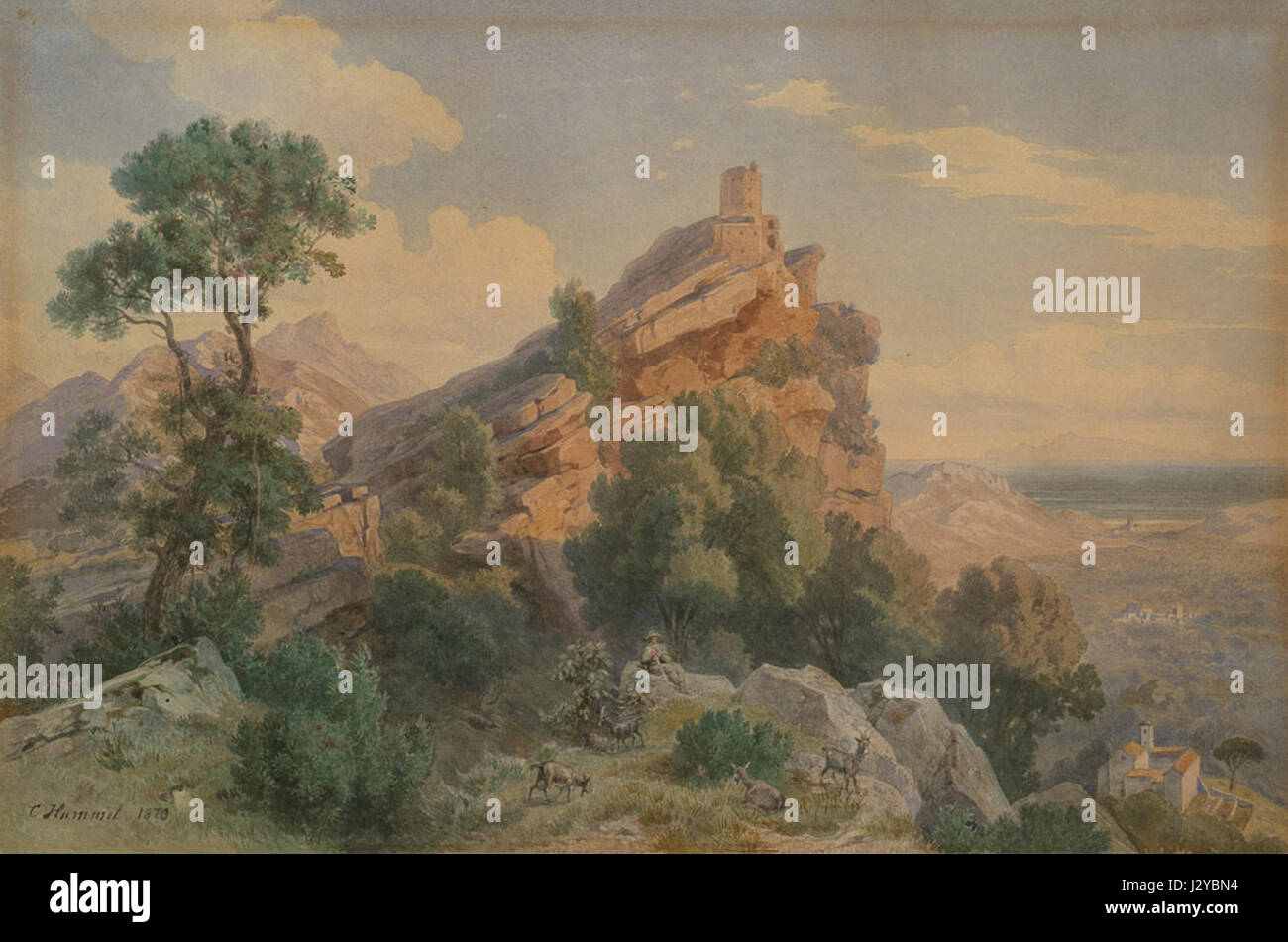 Carl Hummelâ€™s painting depicts the Seneca Tower on Corsica, an important landmark known for ...