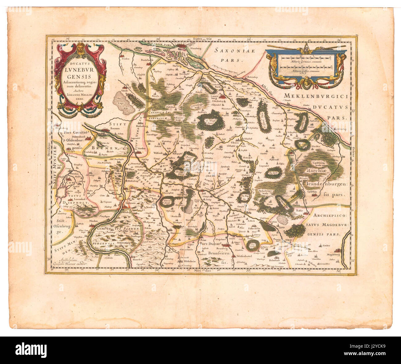 The Blaeu map of 1645 depicts the Duchy of Luneburg and its surrounding regions, offering a ...