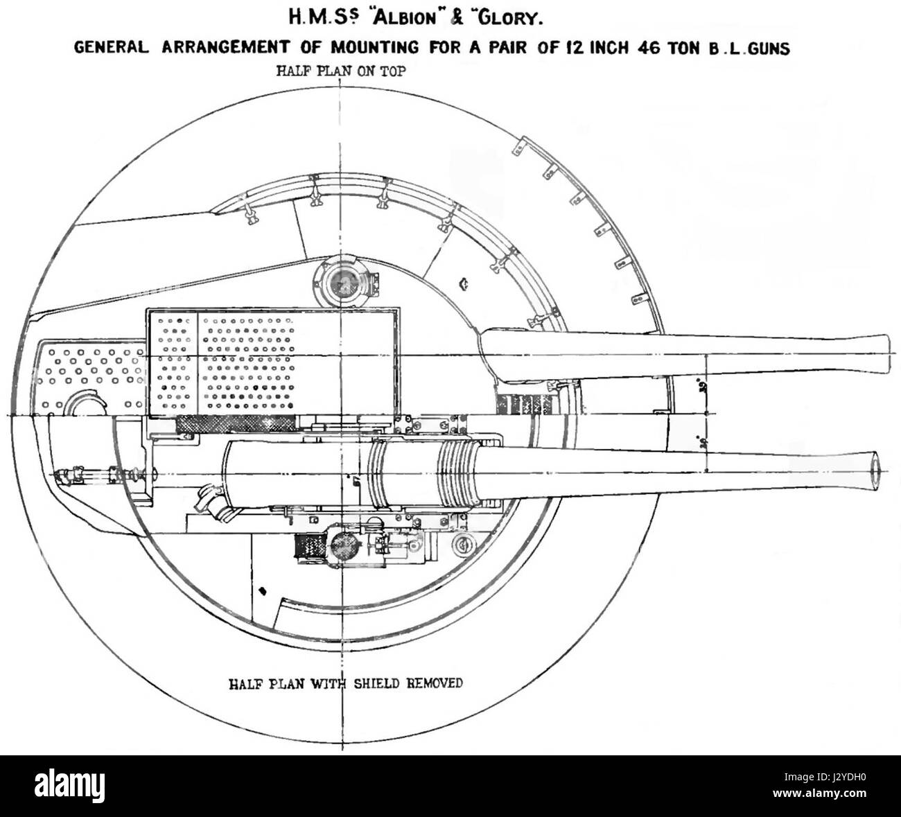 A 1906 plan diagram illustrating the design of the 12-inch gun turret ...