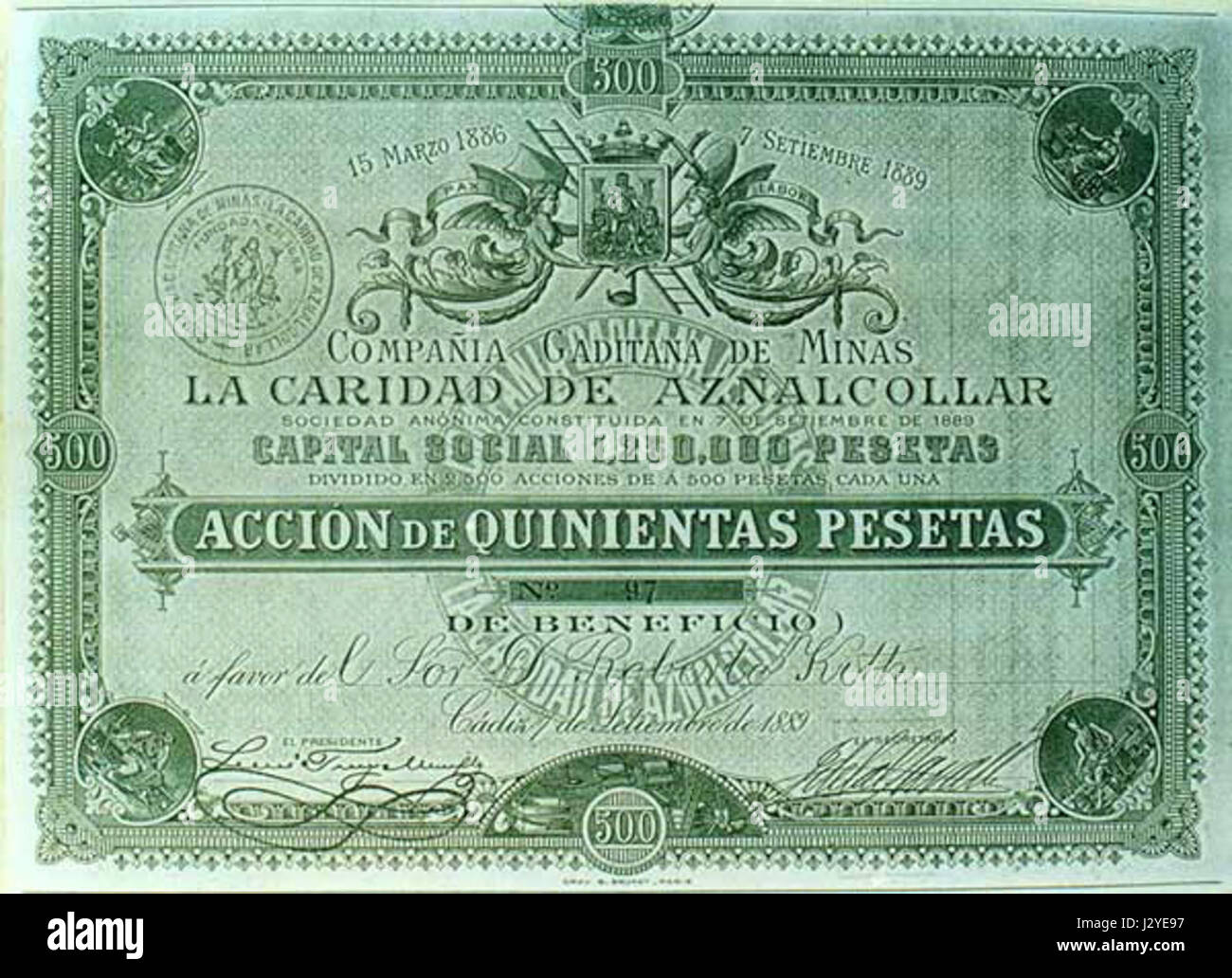 AcciÃ³n 500 ptas is a historical Spanish currency note that represents ...