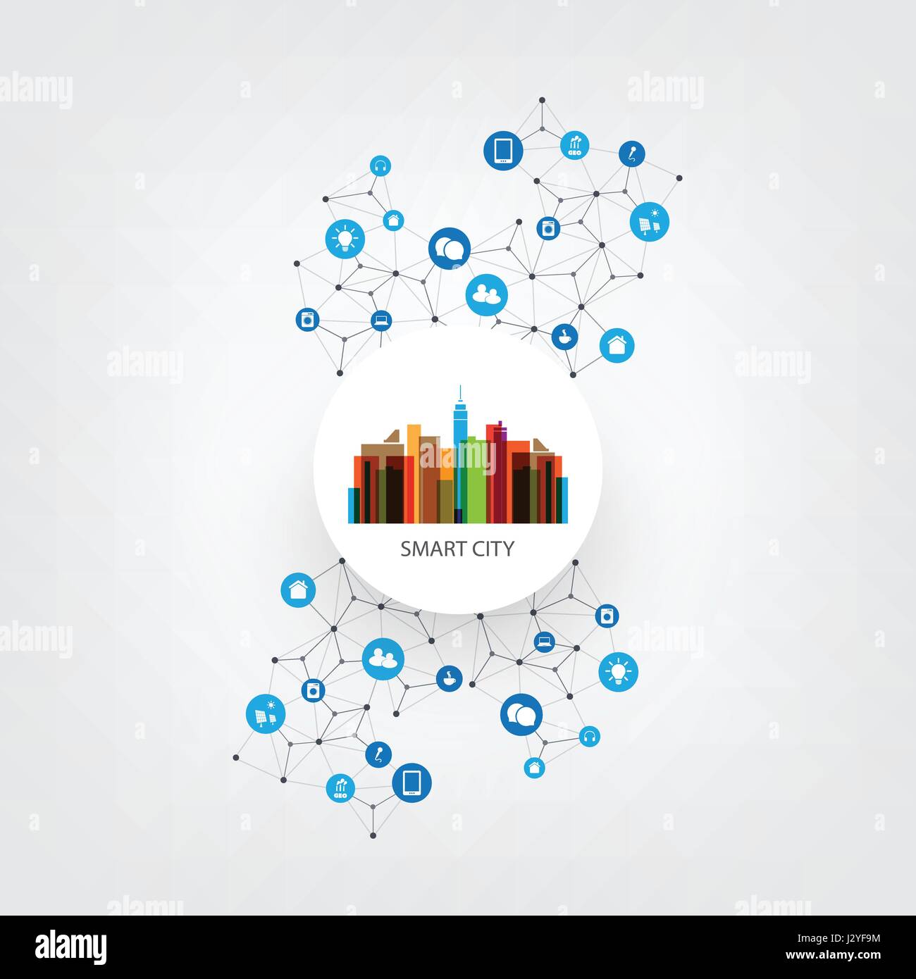 Colorful Smart City Design Concept with Icons - Digital Network ...