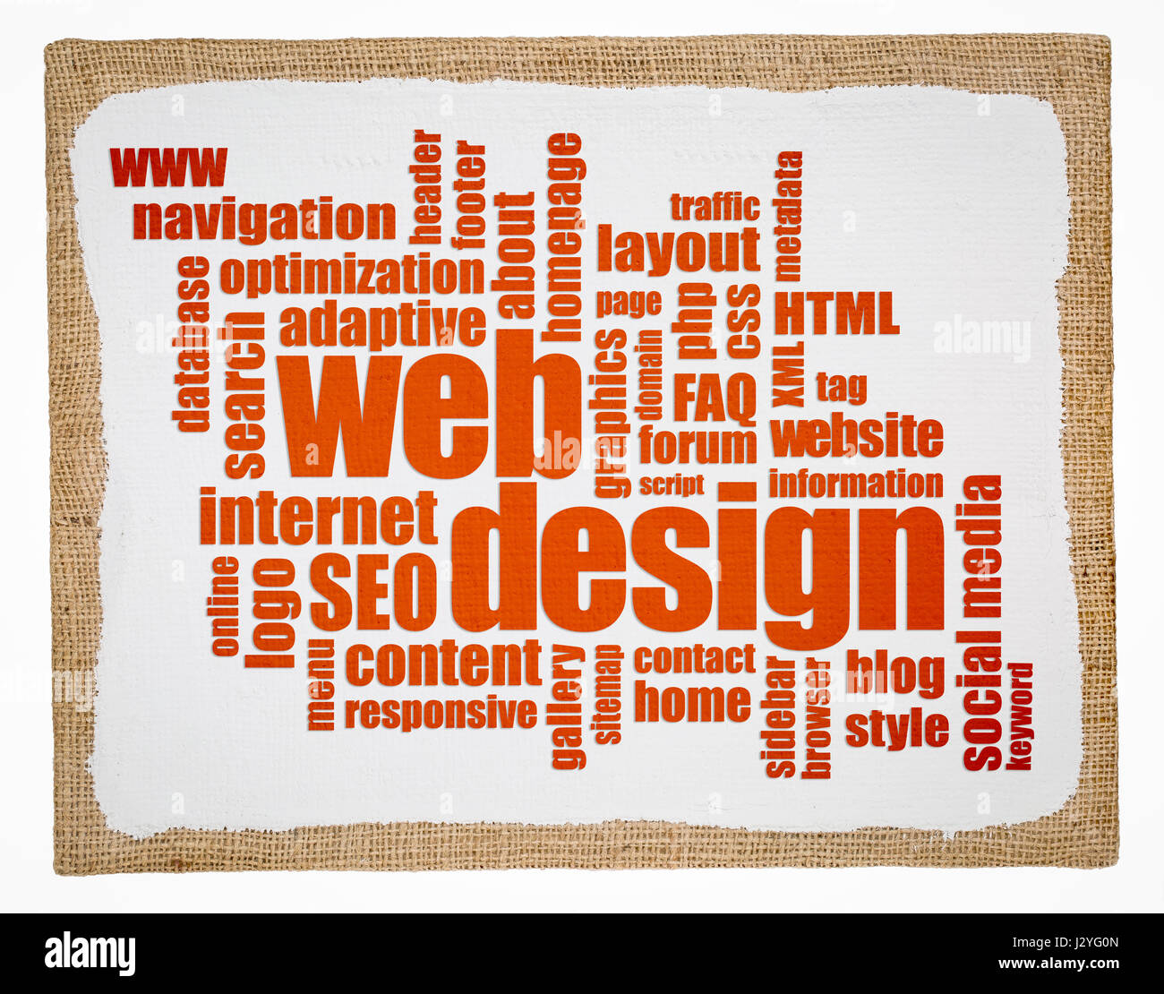 web and website design concept - a word cloud on a primed burlap art ...