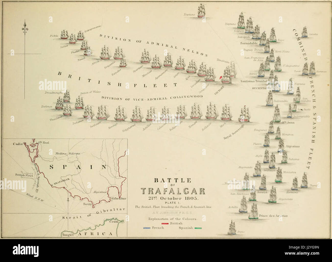 This plate illustrates the Battle of Trafalgar, a pivotal naval ...