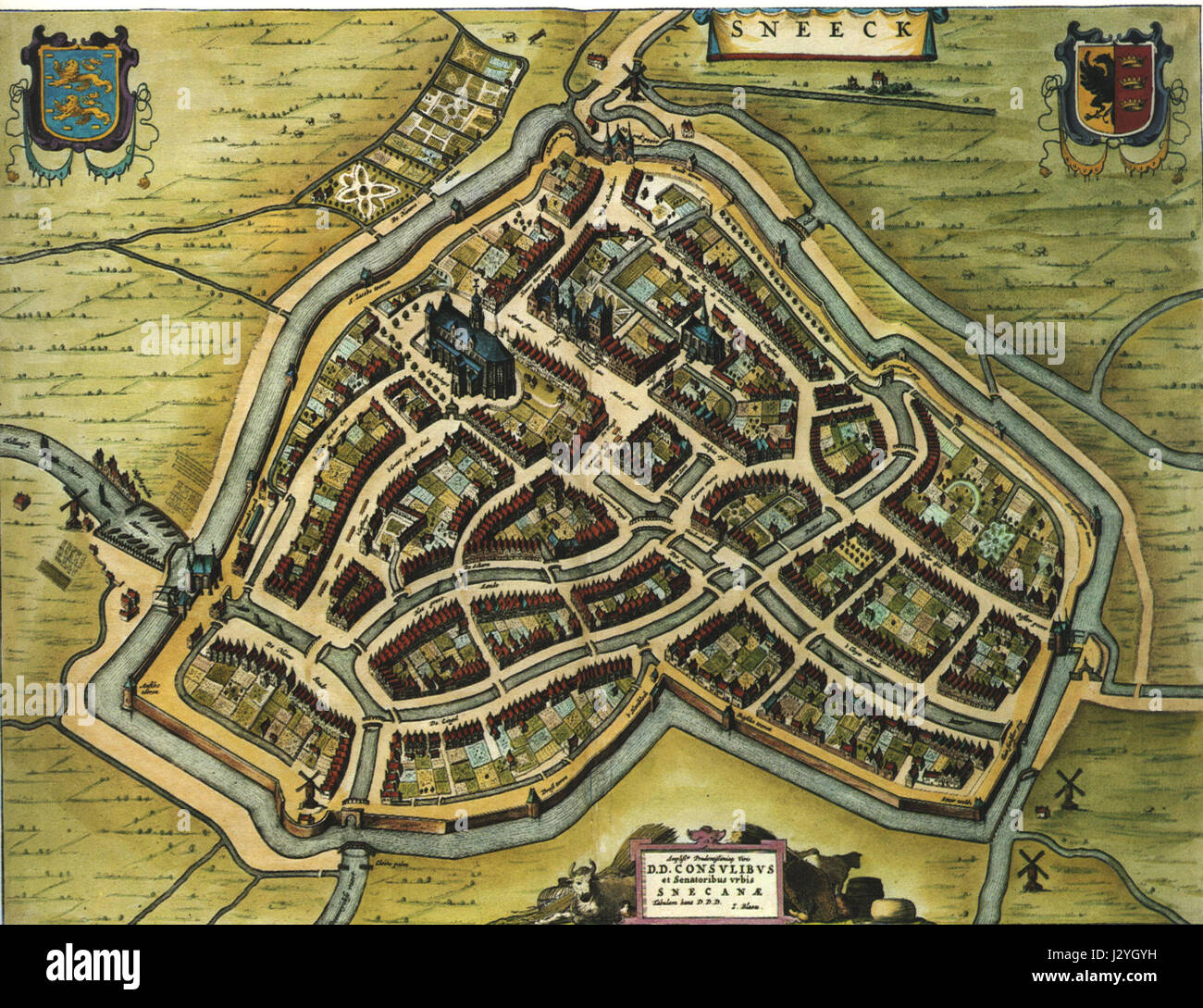 A 1652 map by Blaeu, showcasing the town of Sneek in the Netherlands ...