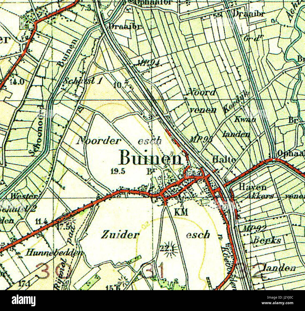 This image represents a topographic map of Buinen from 1928, showing ...