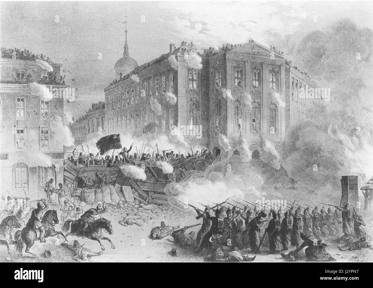 This image depicts the barricade battle at Alexanderplatz in Berlin in ...