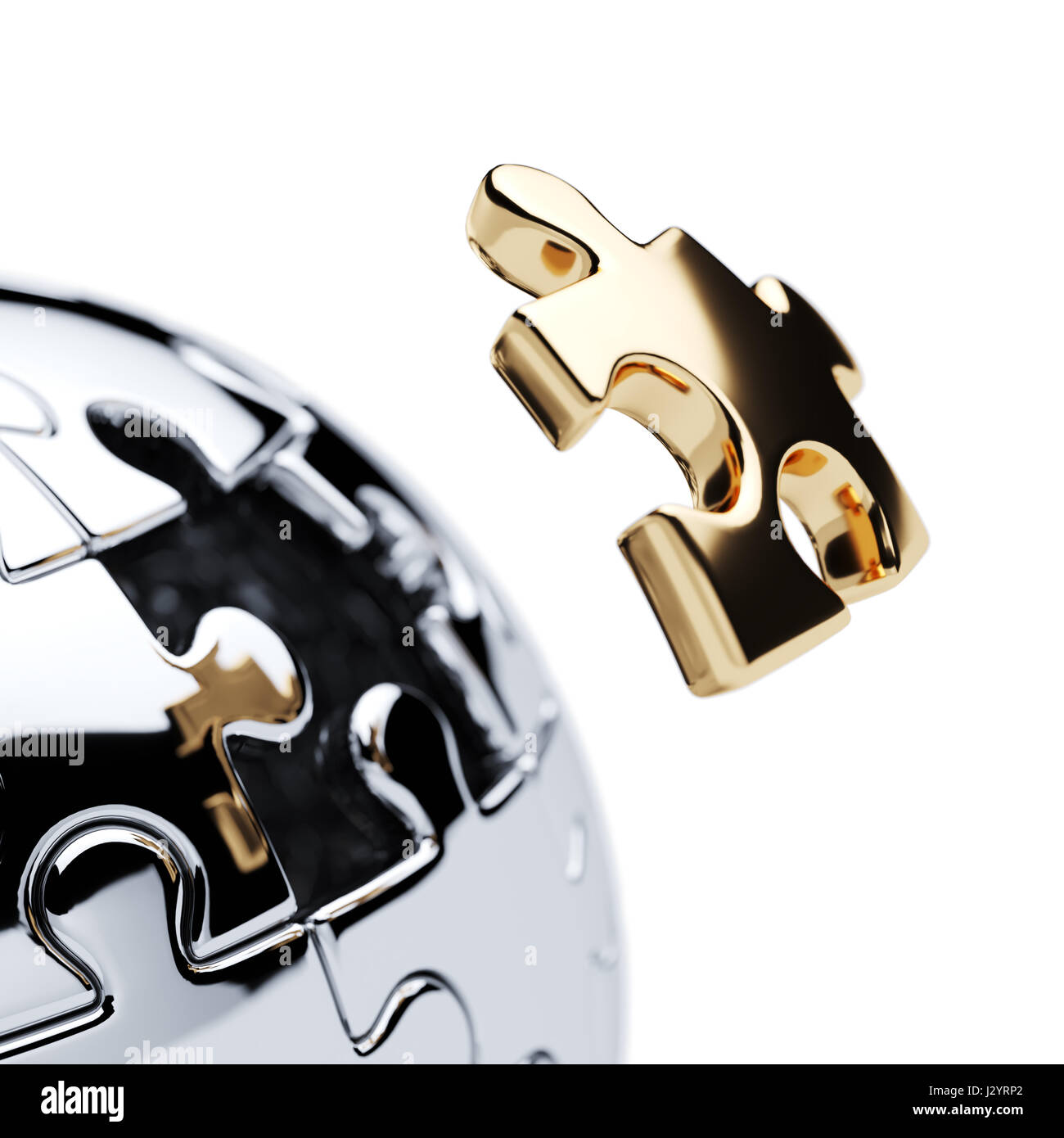 Chrome silver spherical jigsaw puzzle with gold segment isolated on ...
