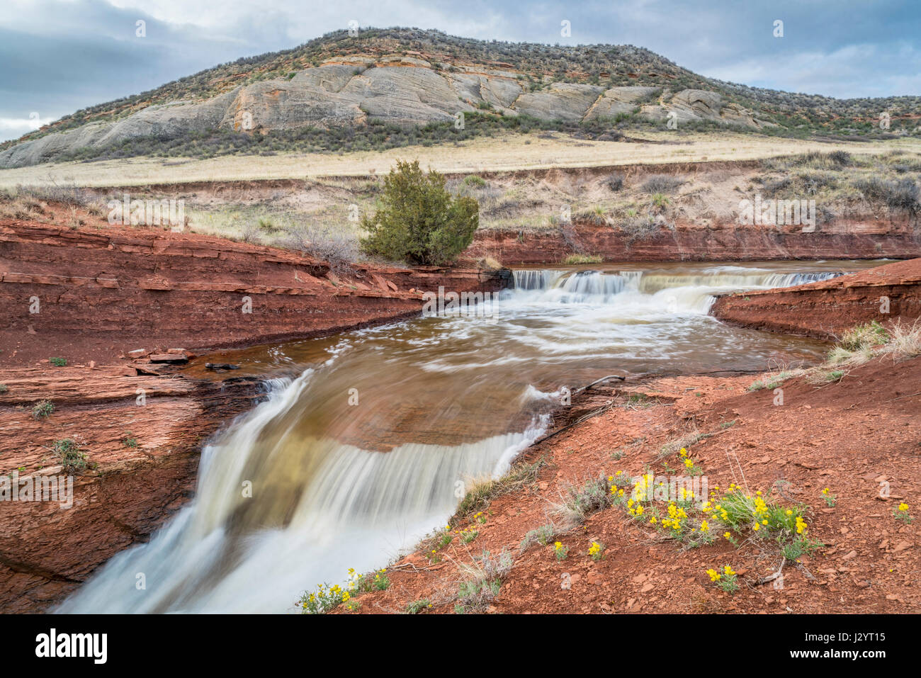 waterfalls in Park Creek at northern Colorado foothills, spring scenery ...