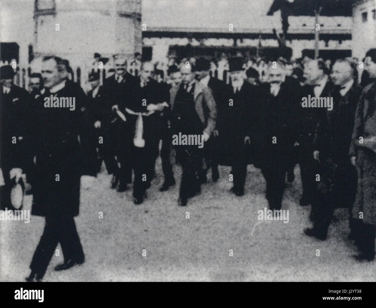 This historical image captures a depiction of Mussolini in Busto ...