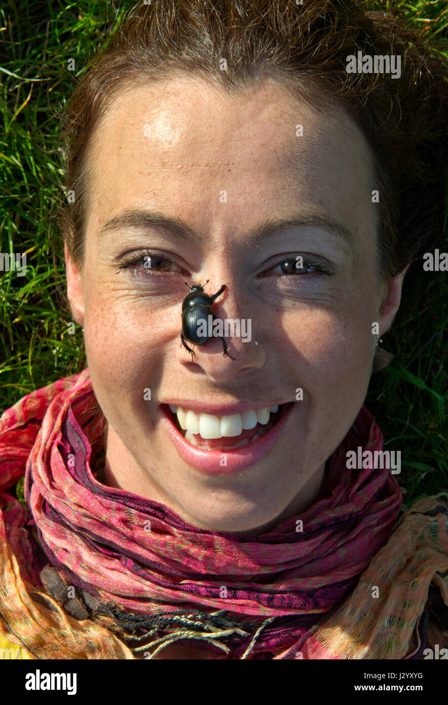 Dr.Sarah Beynon an entomologist, with British Dung Beetle (Geotrupes ...