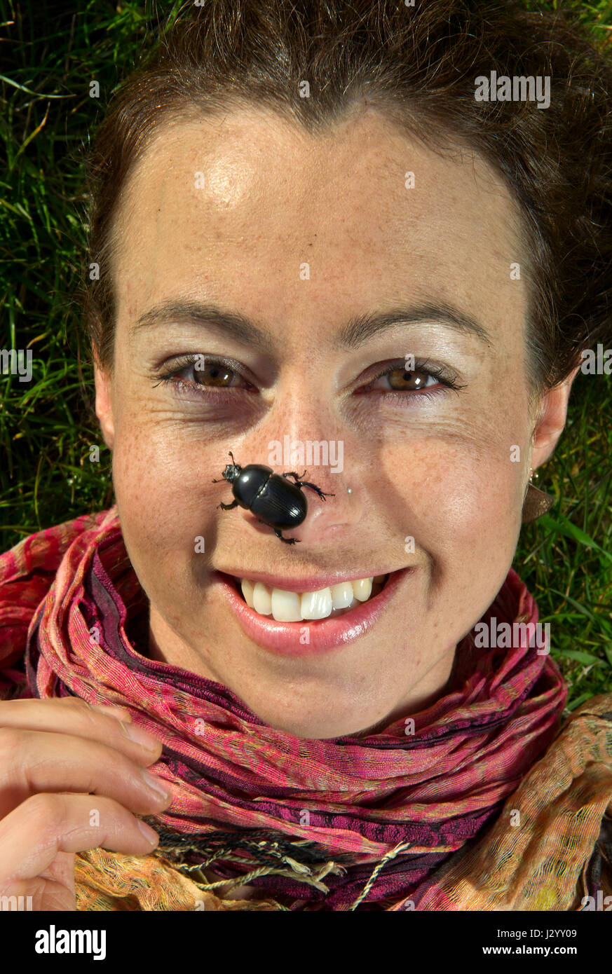 Dr.Sarah Beynon an entomologist, with British Dung Beetle (Geotrupes ...