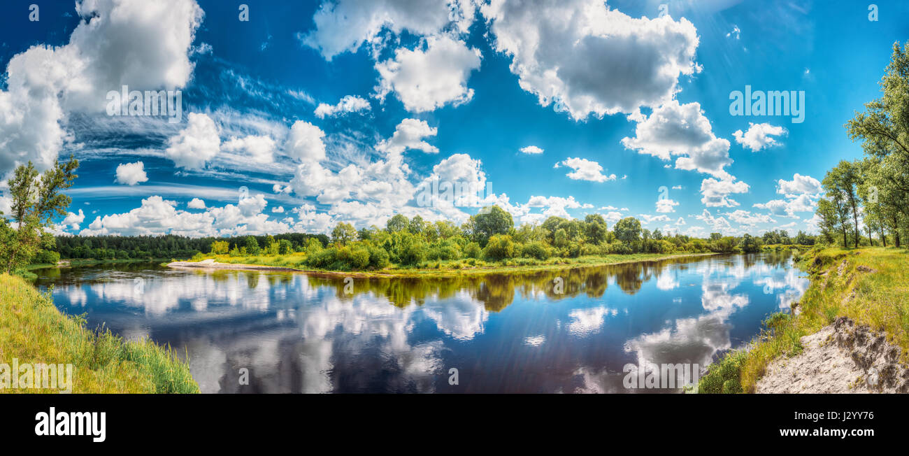 River Panoramic Landscape With Reflections Of Clouds And Woods In Water ...