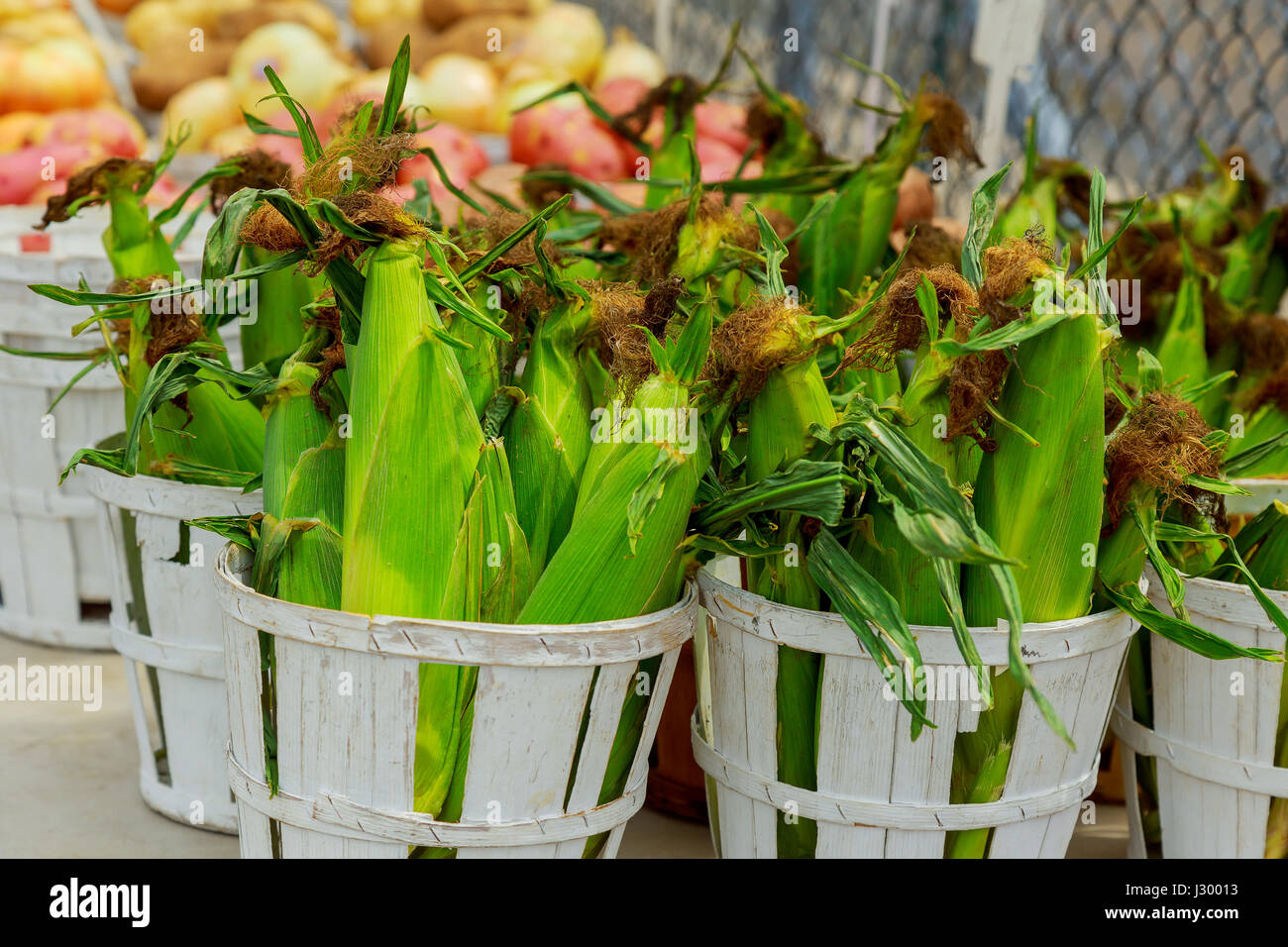 sale of fresh corn on the farmer's market in baskets Stock Photo - Alamy