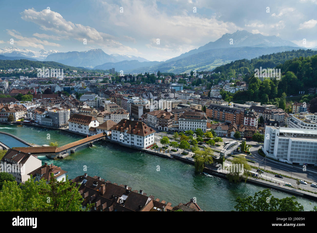 View across Lucerne towards the Alps and Mount Pilatus, Switzerland ...