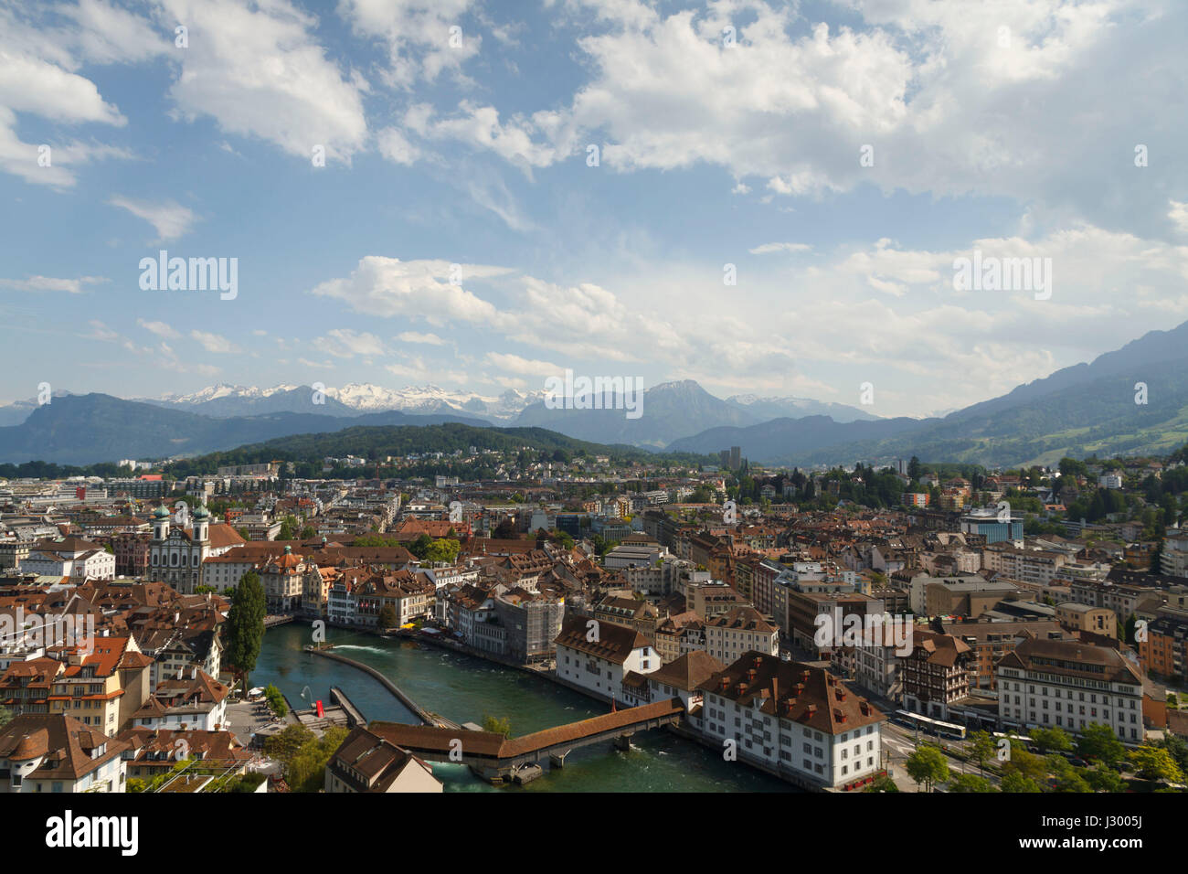 View across Lucerne towards the Alps and Mount Pilatus, Switzerland ...