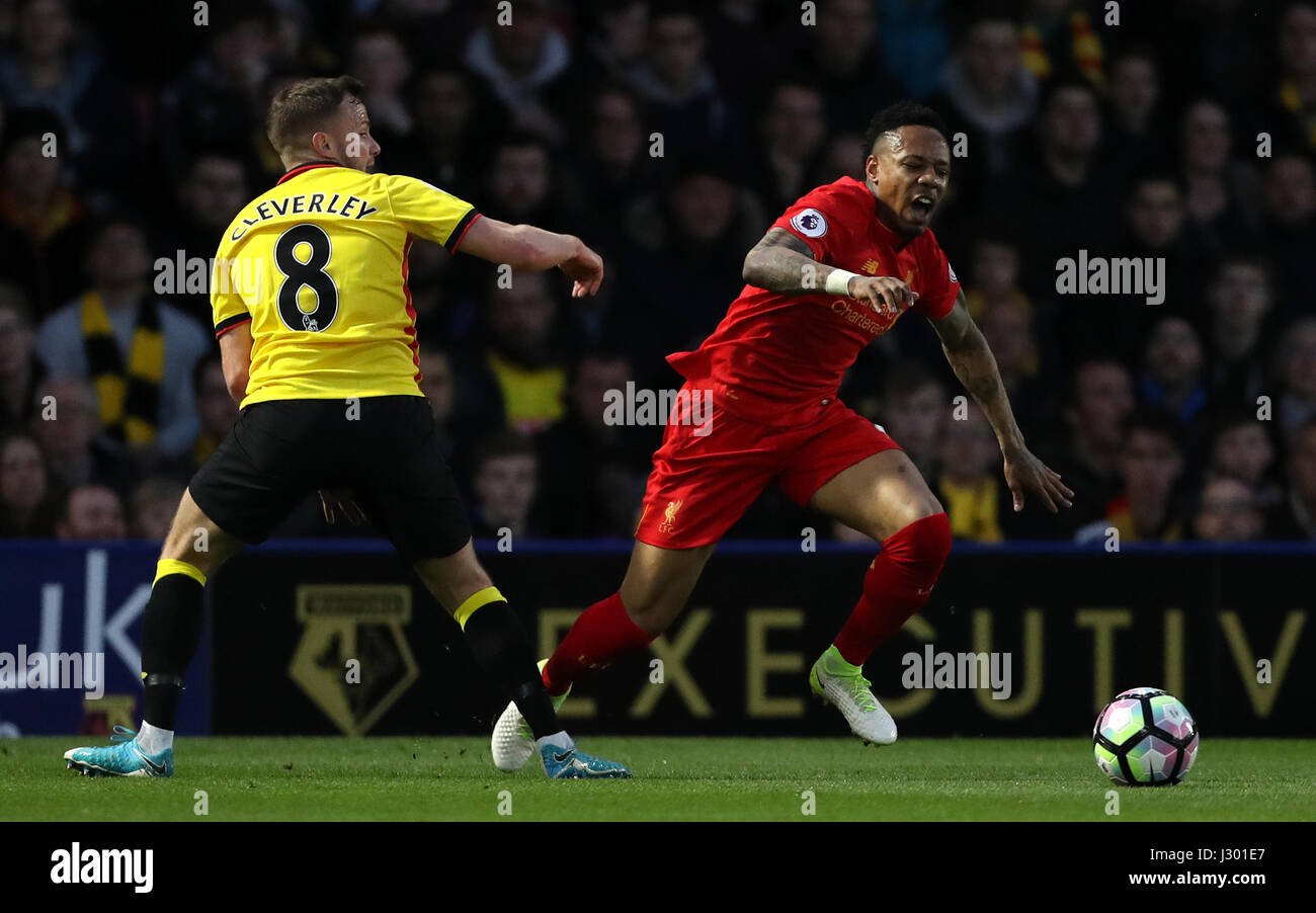Liverpool's Nathaniel Clyne (right) and Watford's Tom Cleverley battle ...