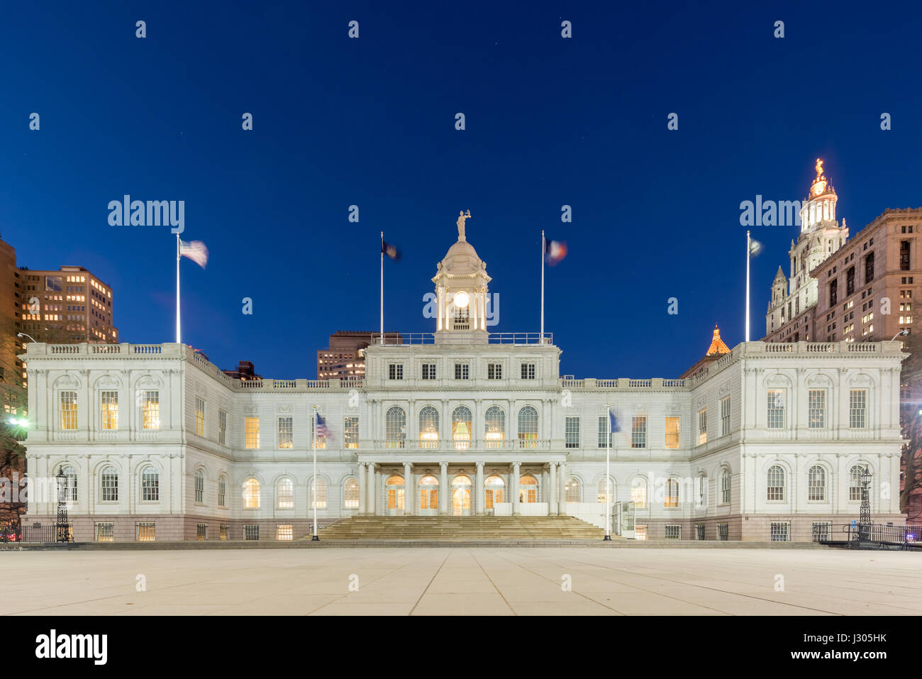 New York City Hall at night, the seat of New York City government ...