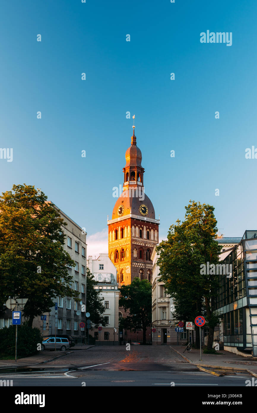 Riga, Latvia. Tower Of Riga Dom Dome Cathedral At Sunset Light. Sunny ...