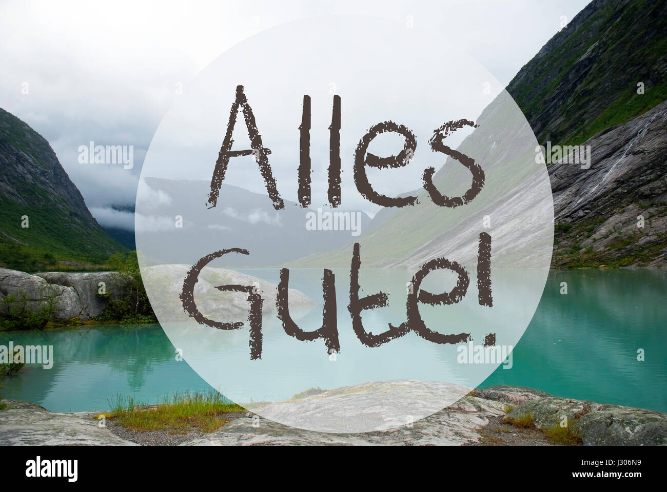 German Text Alles Gute Means Best Wishes. Lake With Mountains In Norway ...