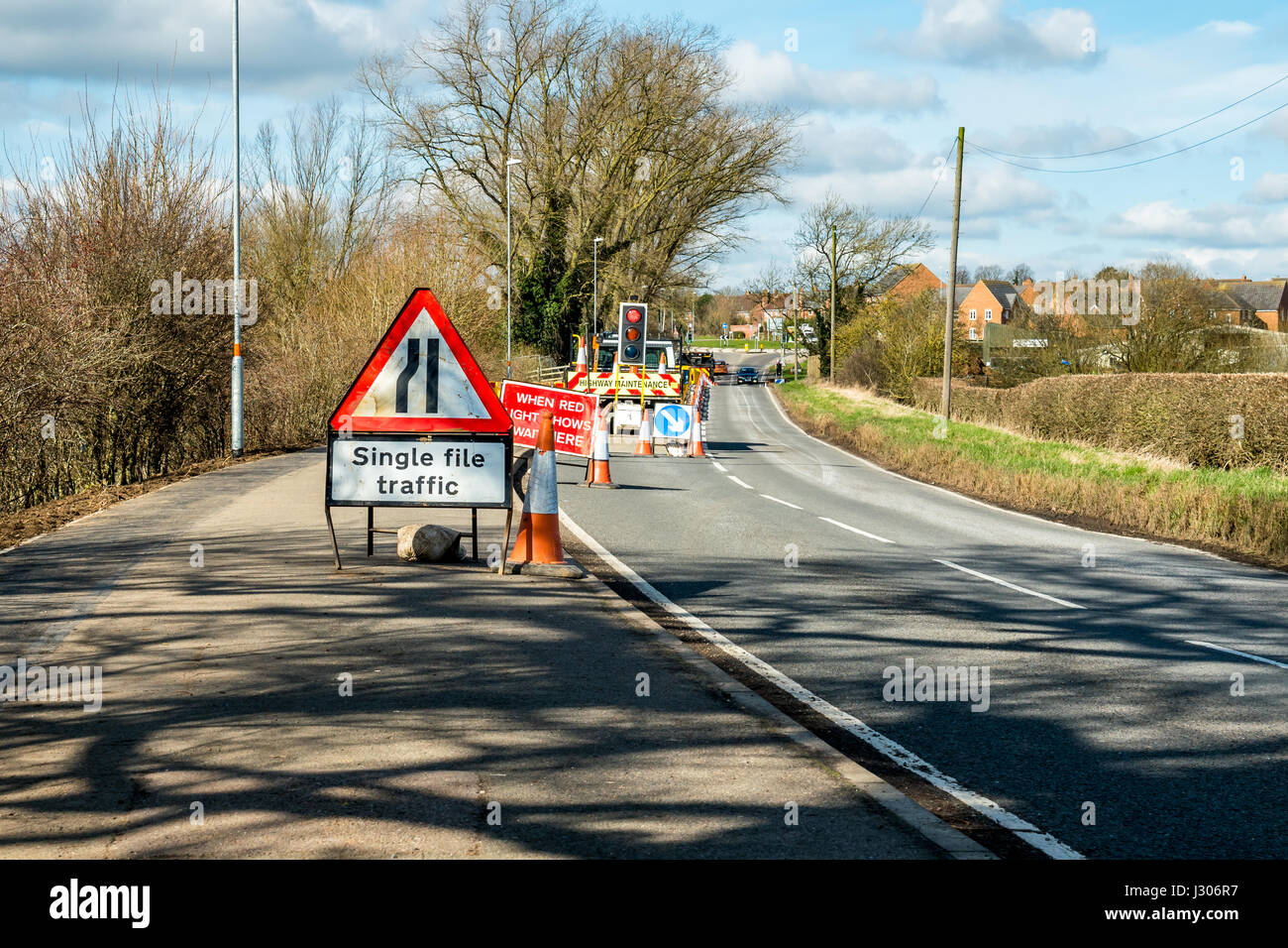 Day View Road Narrows UK Roadworks Sign Stock Photo - Alamy