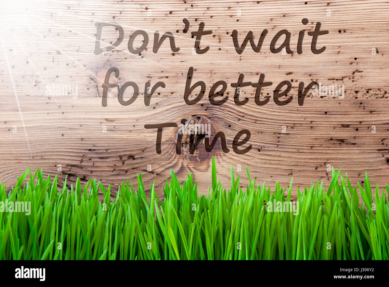 Bright Sunny Wooden Background, Gras, Quote Dont Wait Better Time Stock ...