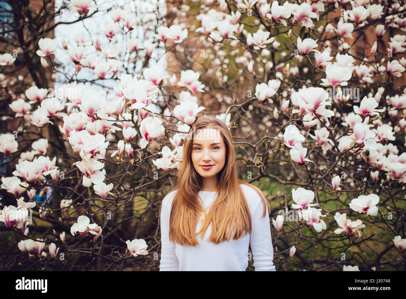 Beauty woman standing on Magnolia blossoming flowers background Stock ...