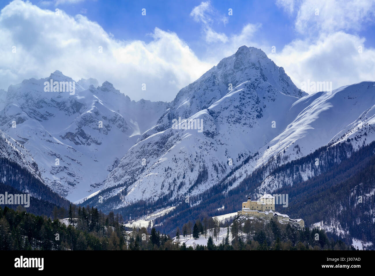 Tarasp Castle in front of Piz Plattas and Piz Nair, Tarasp, Engadin ...