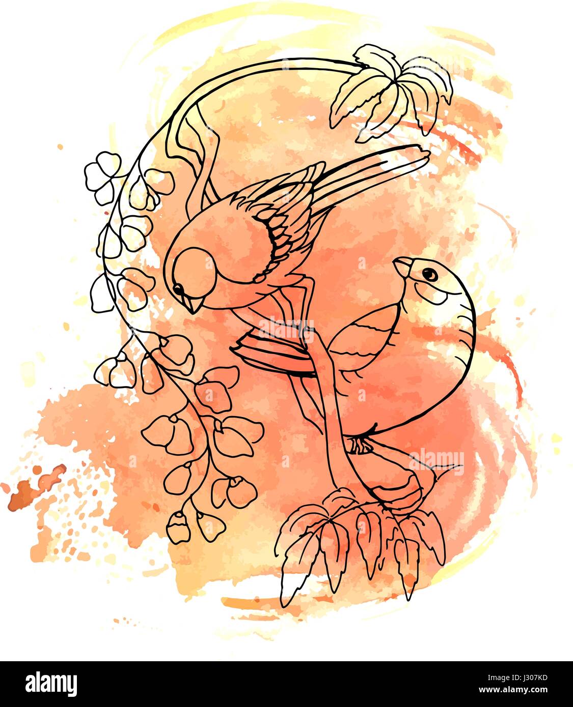 Victorian style birds on watercolor texture, vector design eleme Stock ...