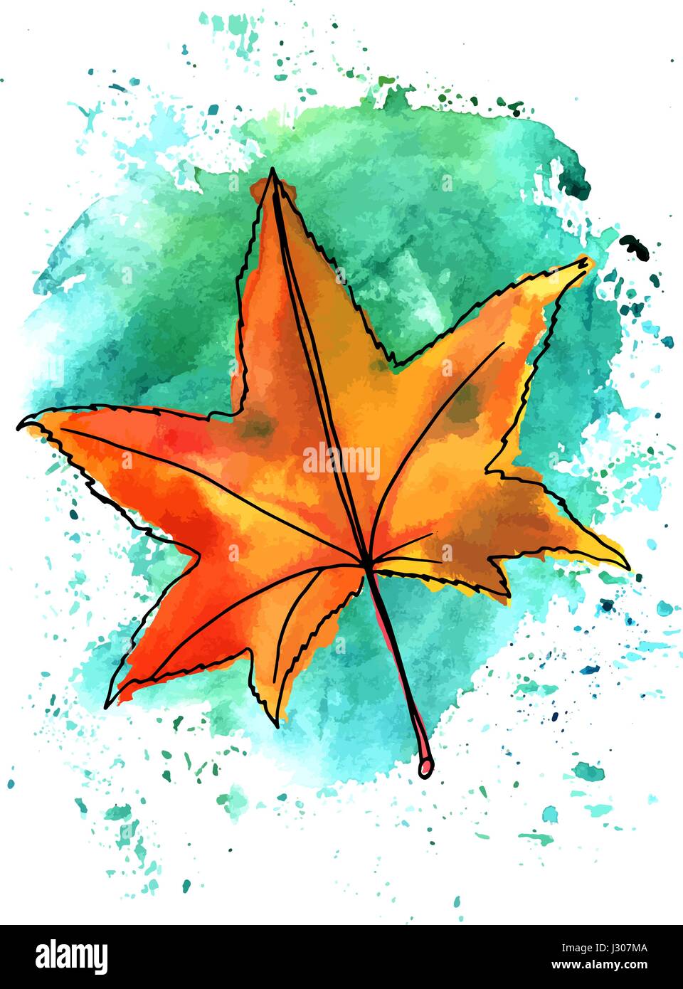Vector and watercolor maple leaf on blue green texture Stock Vector ...