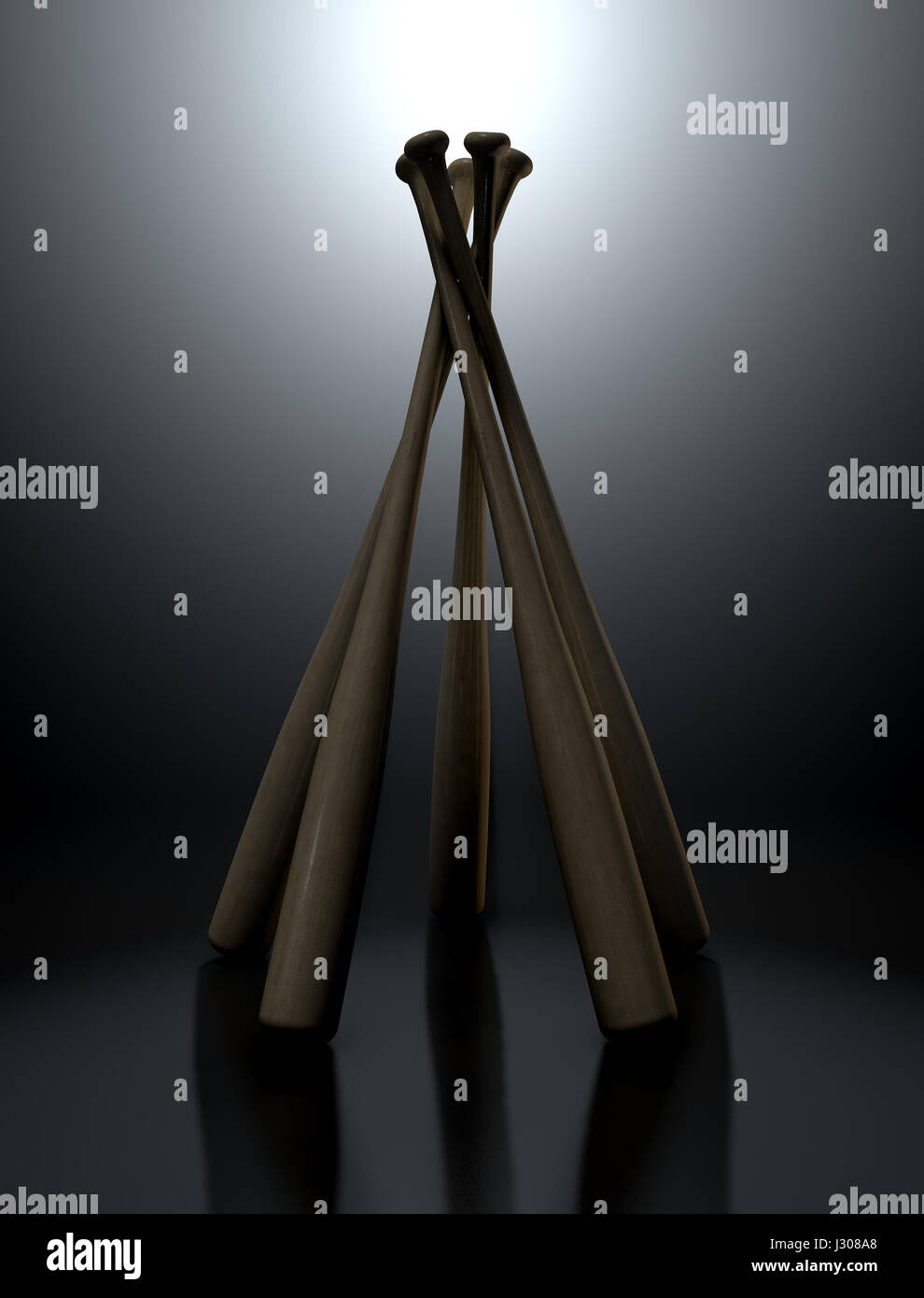 A circular array of generic baseball bats on a dark dramatic backlit ...