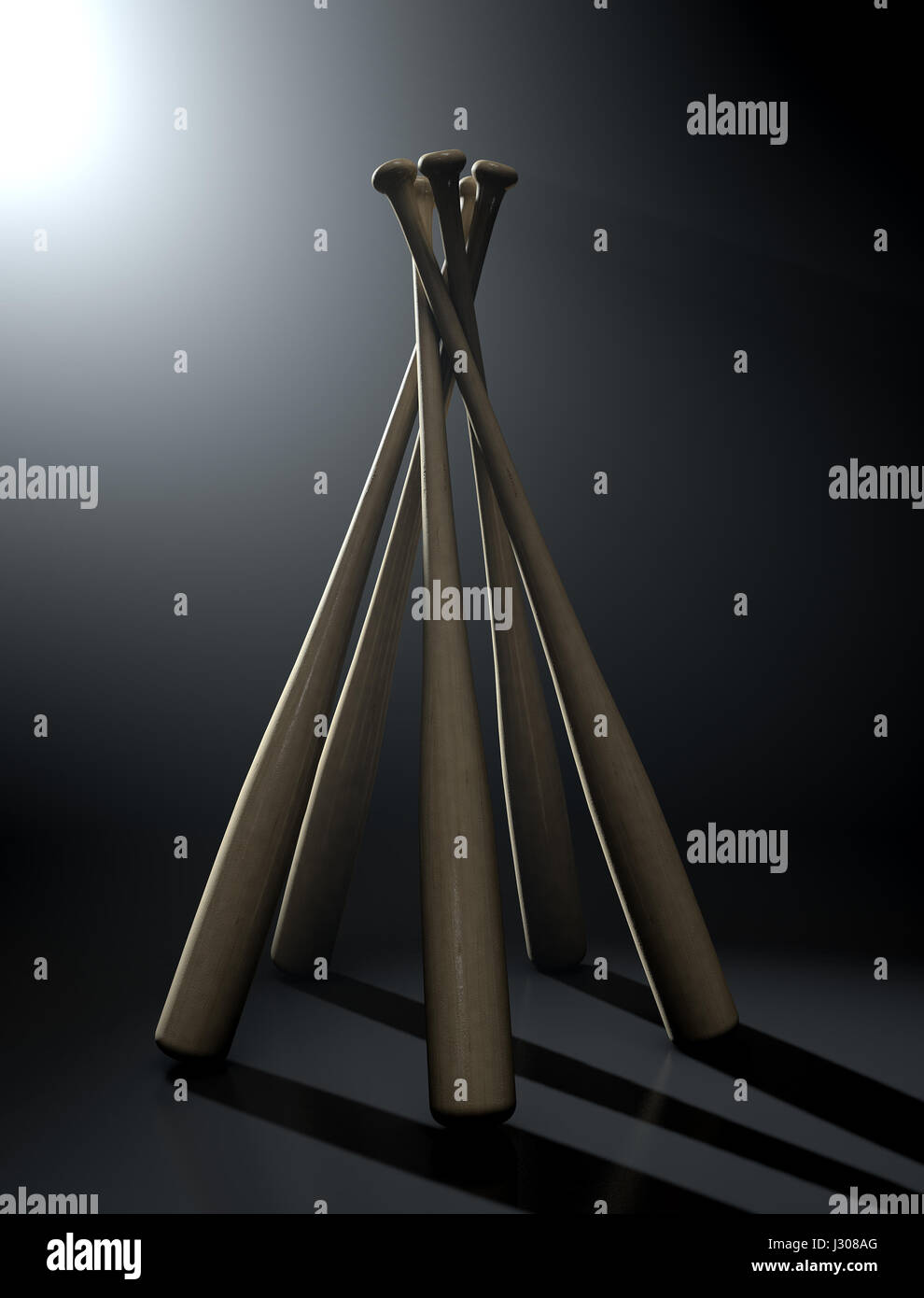 A circular array of generic baseball bats on a dark dramatic backlit ...