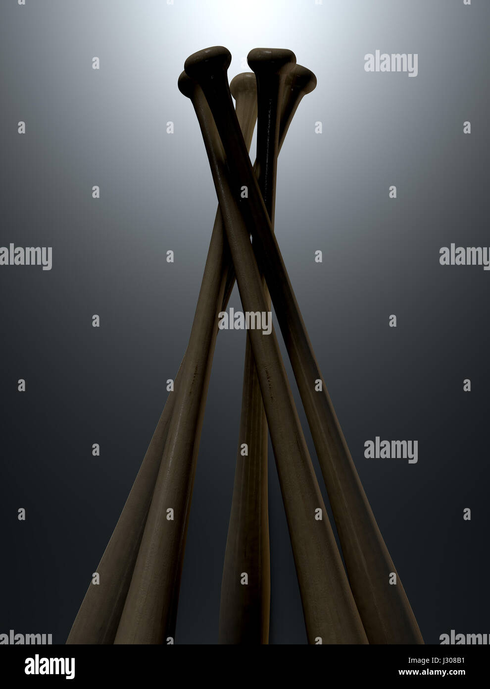 A circular array of generic baseball bats on a dark dramatic backlit ...