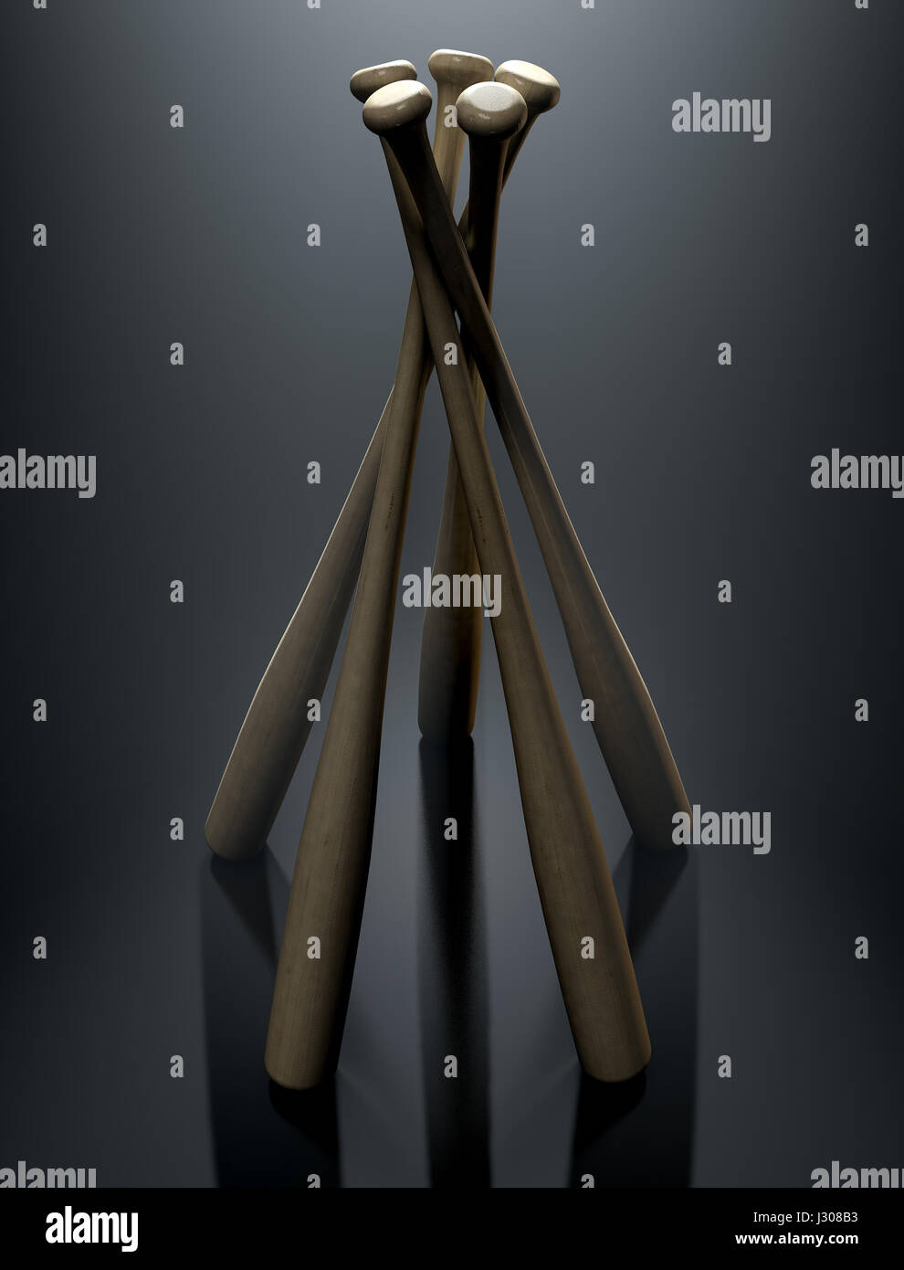 A circular array of generic baseball bats on a dark dramatic backlit ...