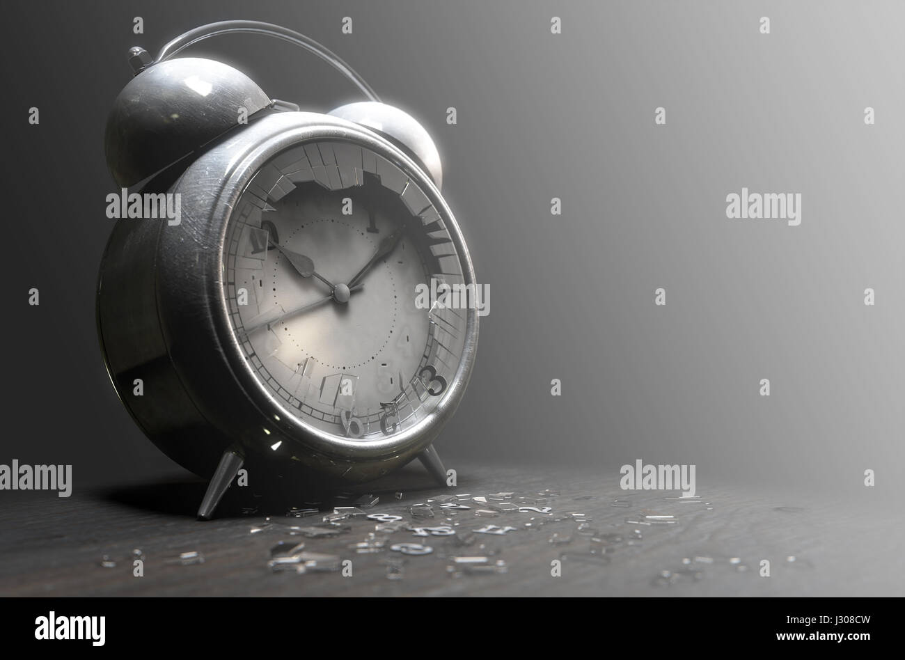 An old worn metal vintage desk clock with a smashed screen and numbers ...