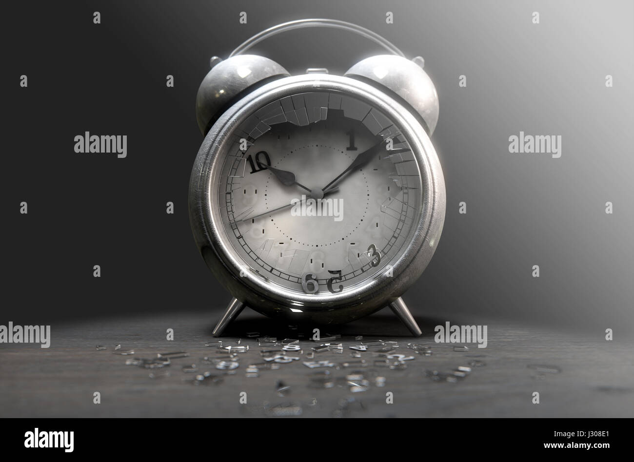 An old worn metal vintage desk clock with a smashed screen and numbers ...