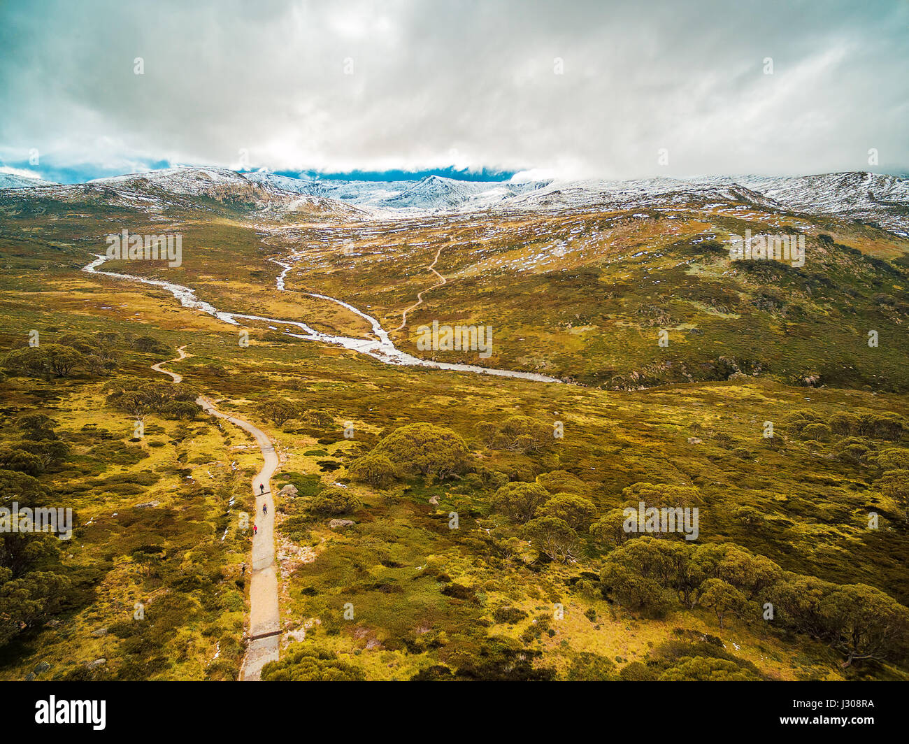 Aerial landscape of Snowy Mountains at Kosciuszko National Park ...