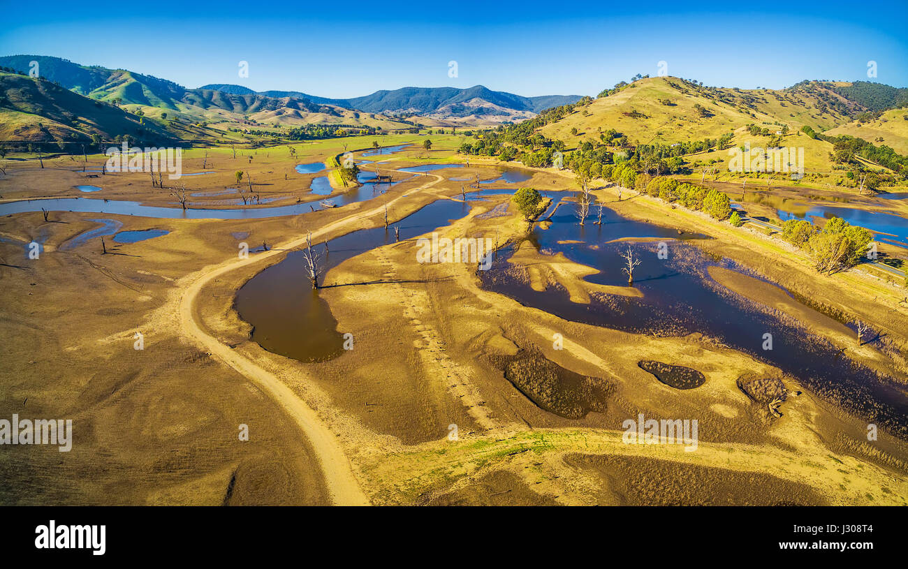 Aerial panorama of countryside near Tallangatta, Victoria, Australia ...