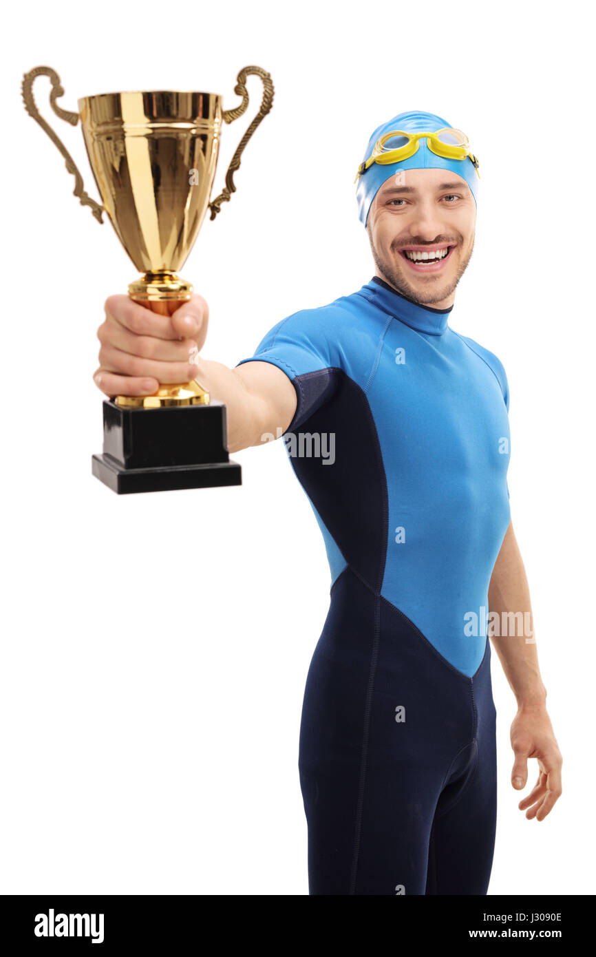 Happy swimmer showing a gold trophy isolated on white background Stock ...