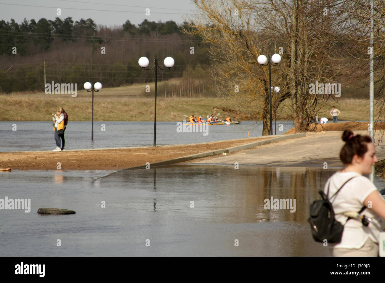 Moscow river after the flood overflowed the banks and flooded the city ...