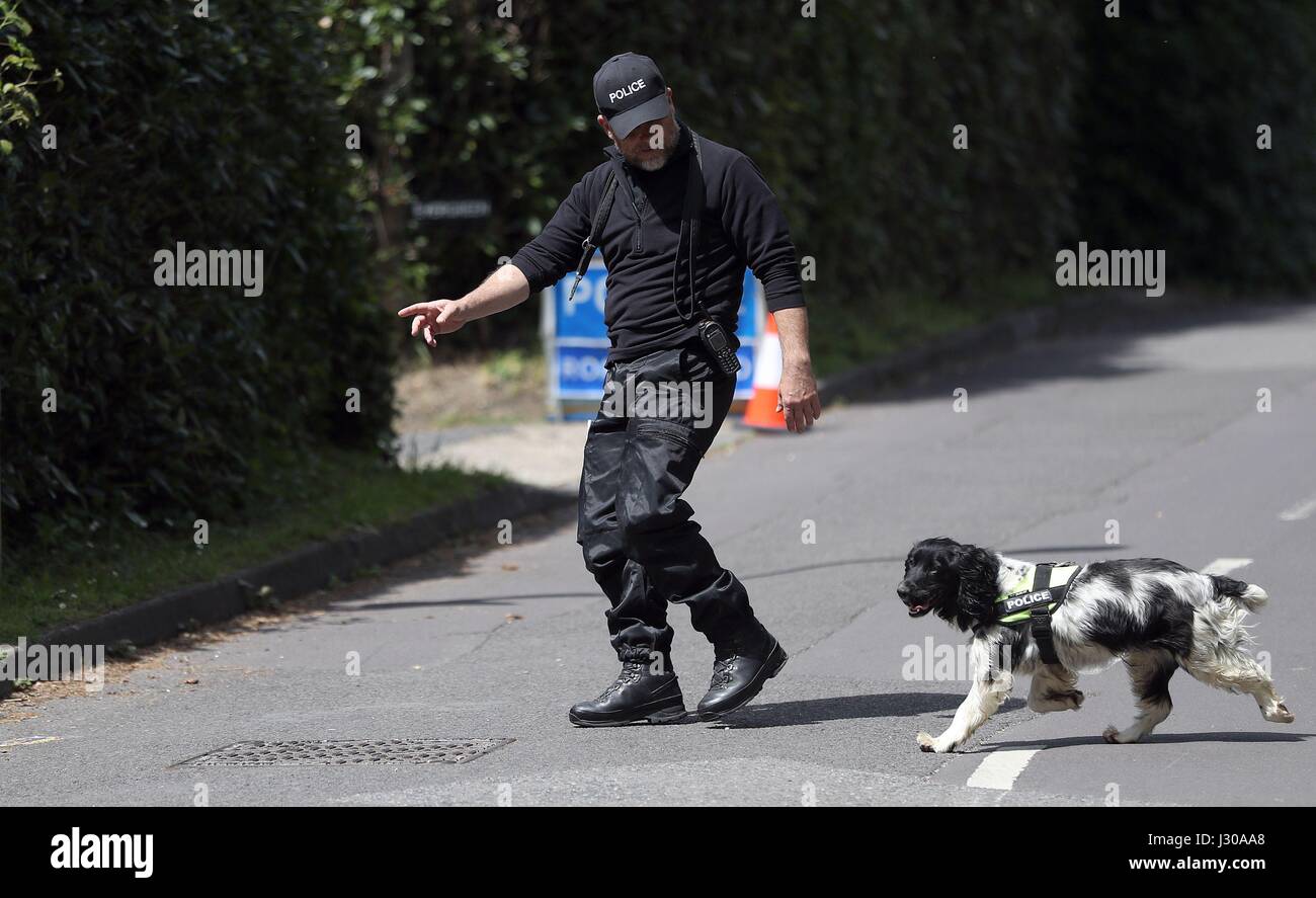 A Police search dog on David's Lane in St Ives, Ringwood, near to where ...