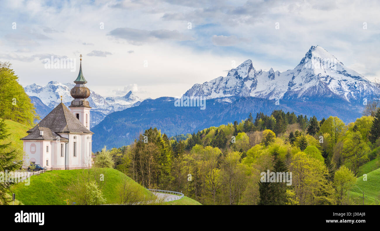 Classic view of Maria Gern pilgrimage church embedded in idyllic ...