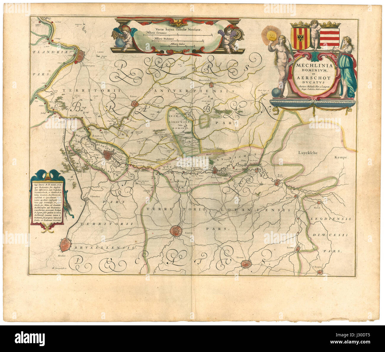 This map, created by Blaeu in 1645, depicts the regions of Mechlinia and Aerschot, highlighting ...