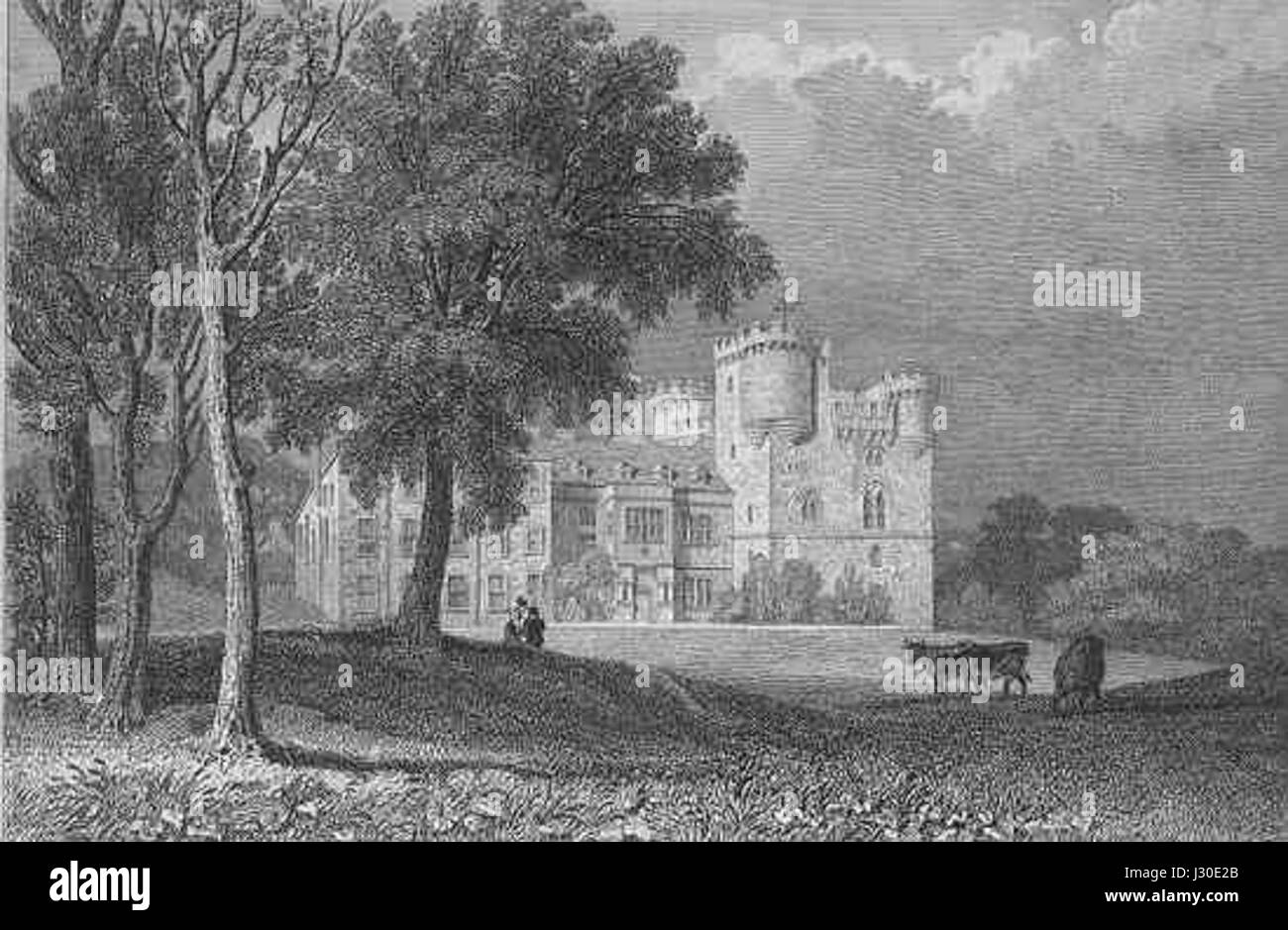 This image depicts Belsay Castle, captured in 1829, showcasing its ...