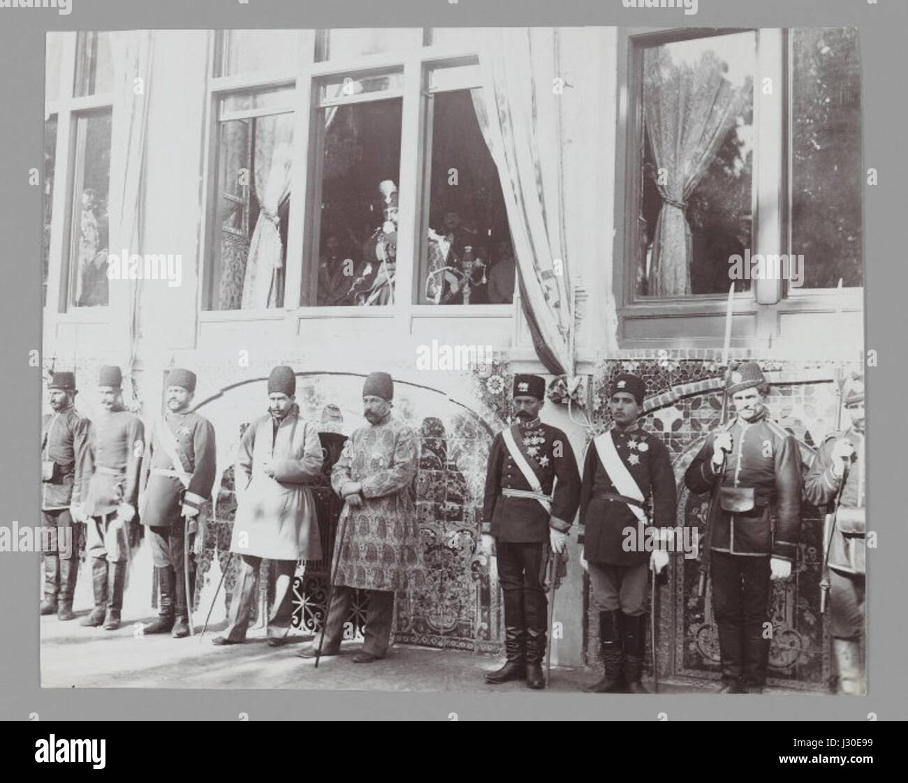 This vintage photograph depicts Mozaffar al-Din Shah, the Persian king ...